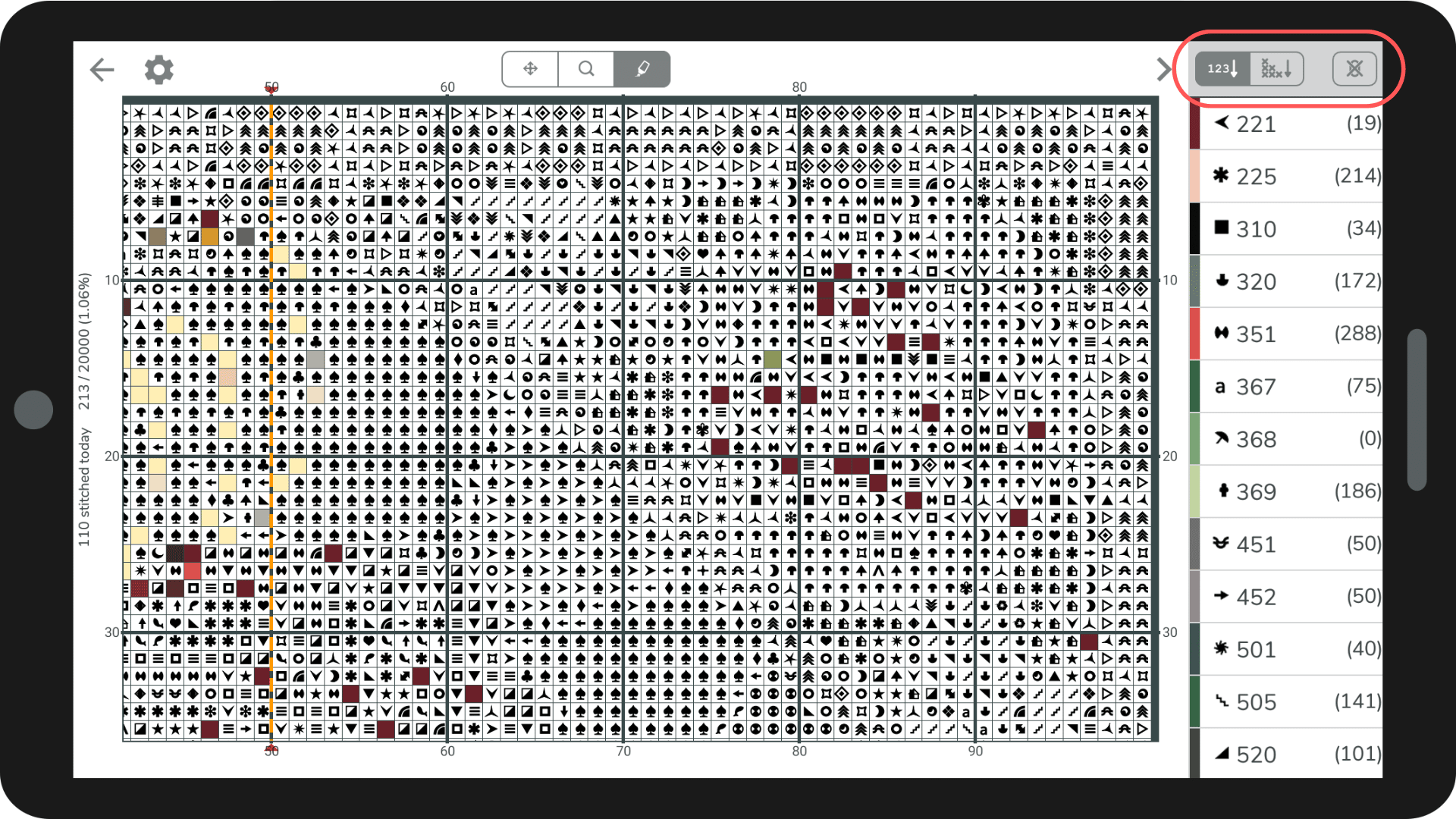 How to sort the thread list on number of stitches left - Pattern Keeper